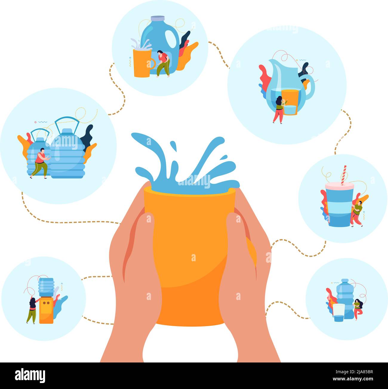 Drink water flat concept glass of water in hand and its connection with ...