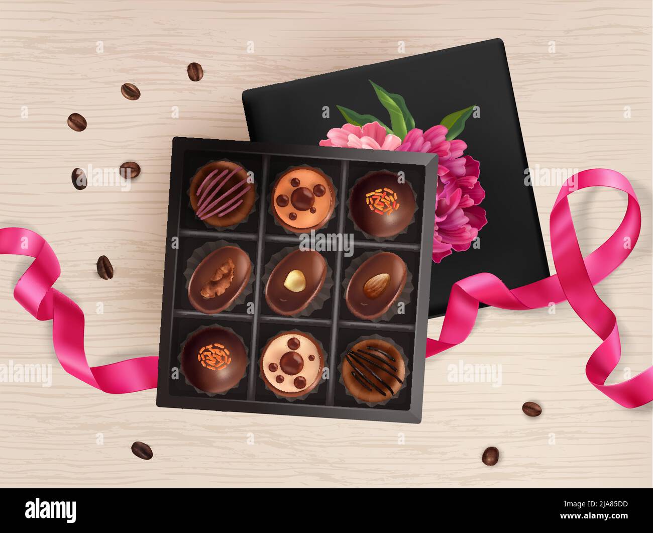 Realistic chocolate top view composition with wooden table pink ribbon ...