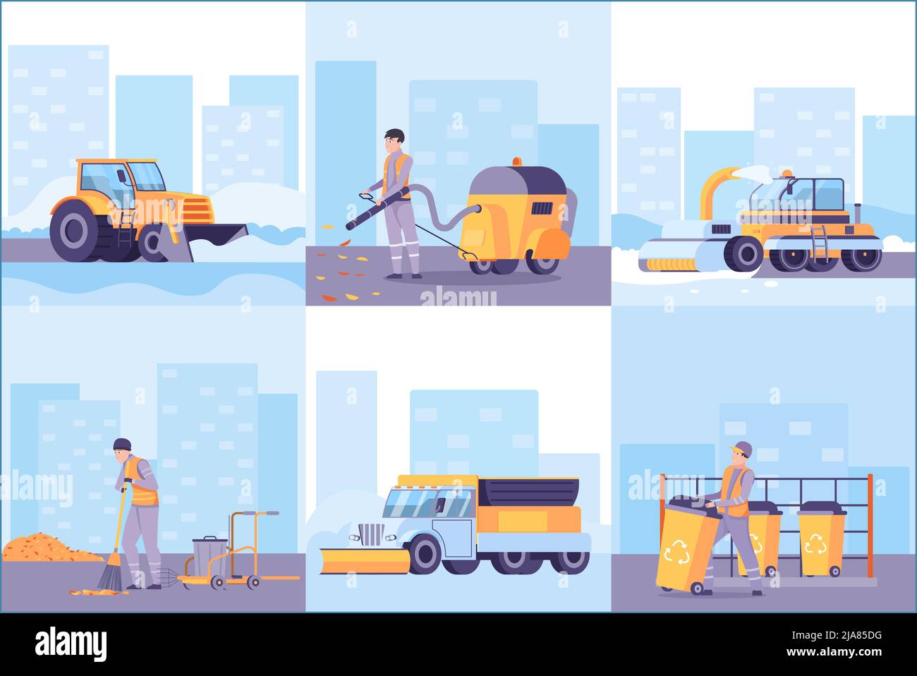 City cleaning flat square compositions with machinery and workers ...