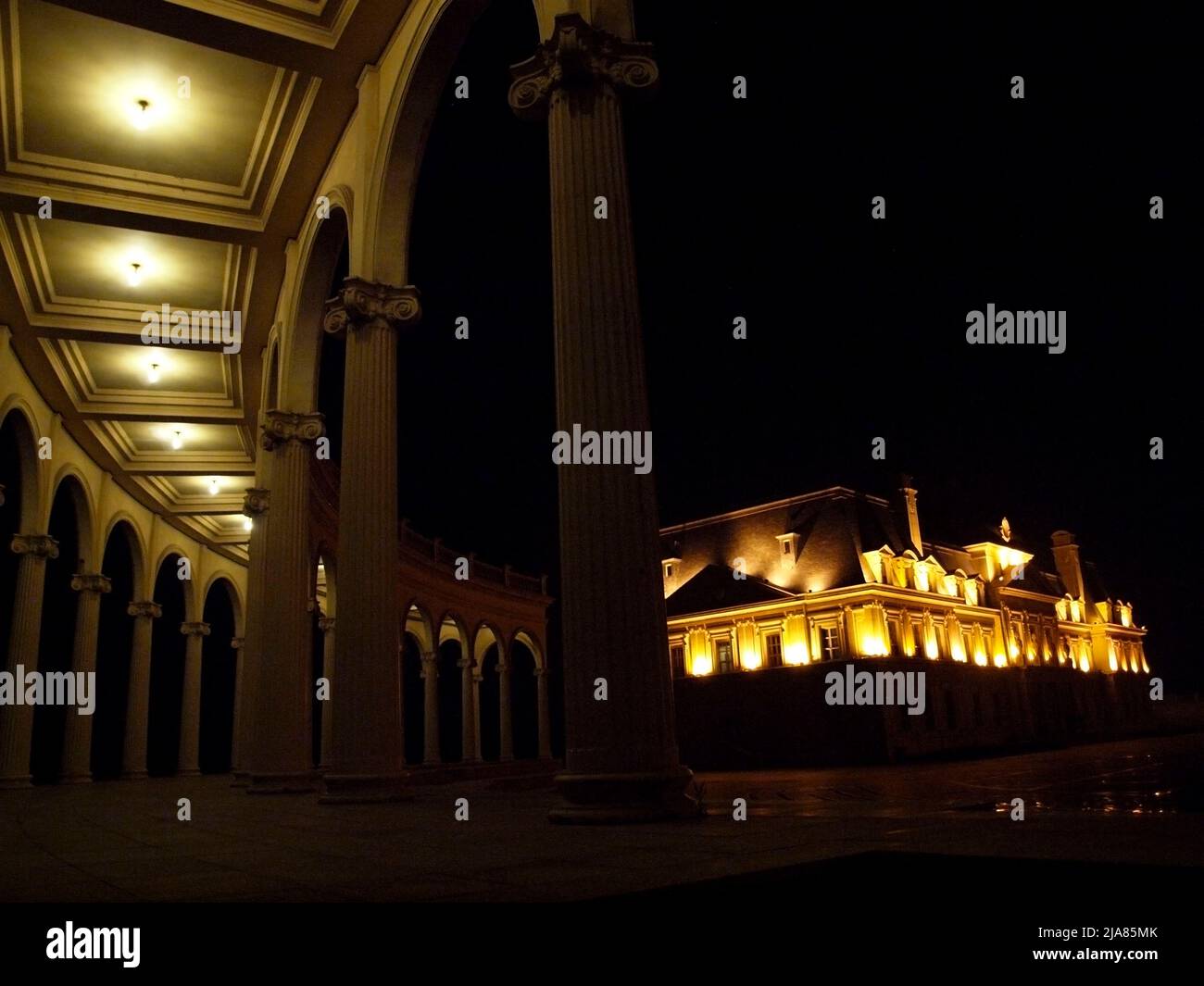 Architecture, courtyard and external night view of the Chateau Laffitte ...