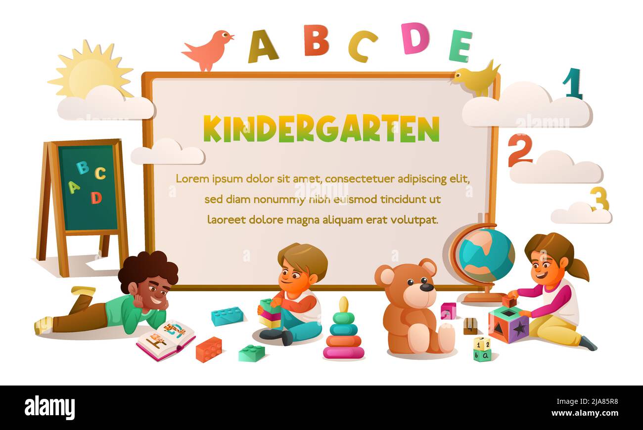Kindergarten cartoon frame with little kids playing together with toys ...