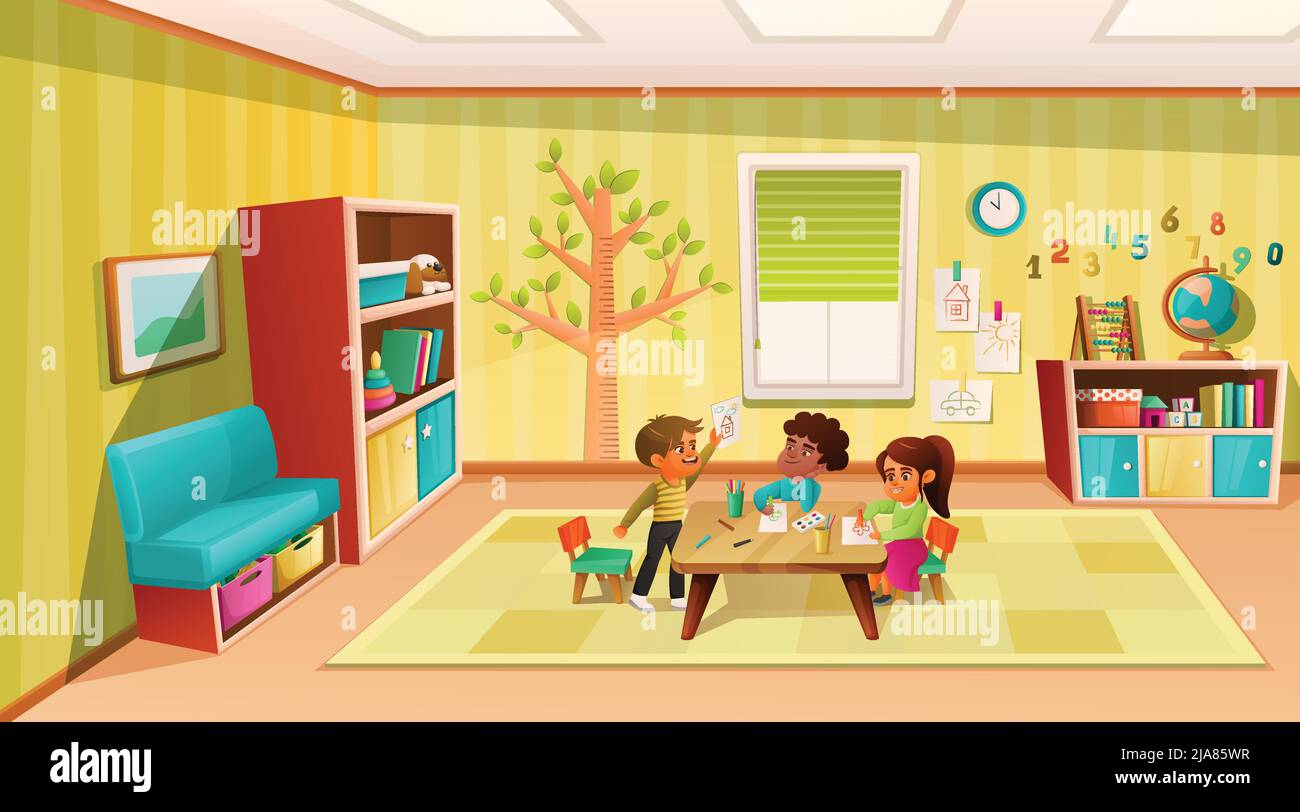 Kindergarten room interior cartoon vector illustration with three funny ...
