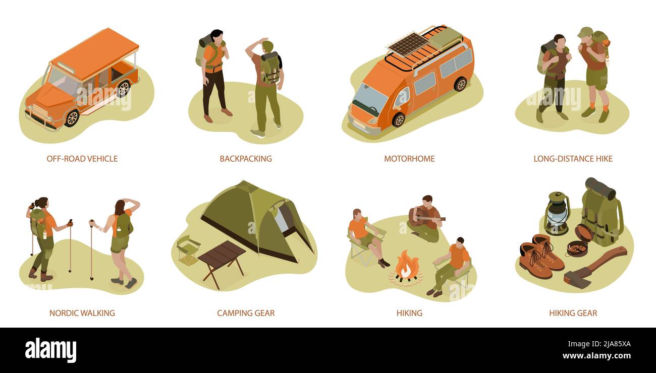 Isometric hiking compositions set with isolated images of long distance ...