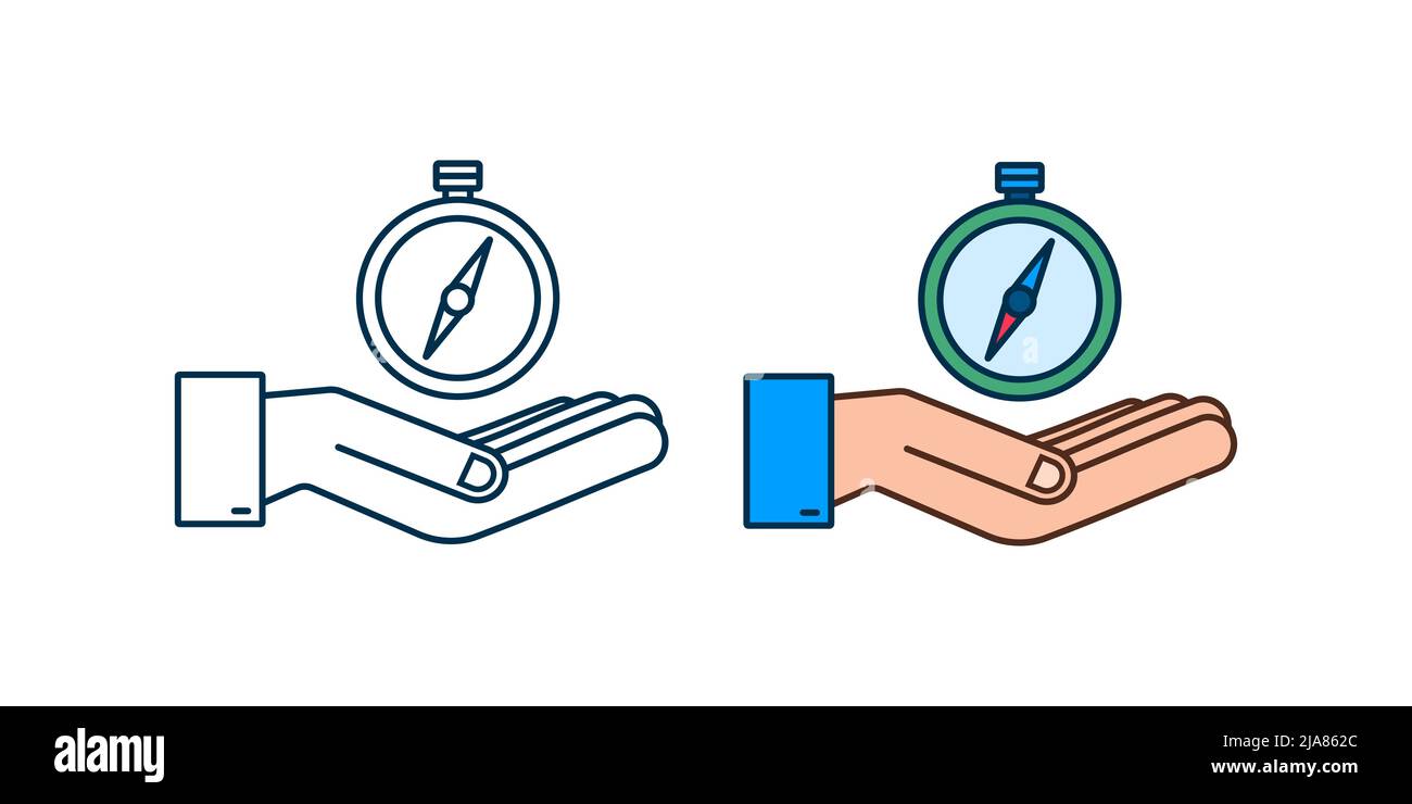 Compass icon over hands on white background. Flat vector navigation ...