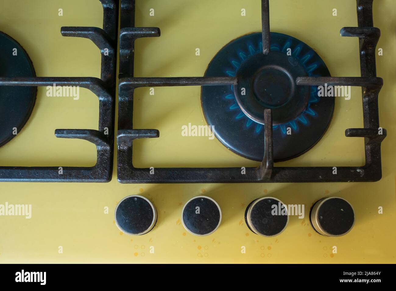 kitchen gas cooker with burning fire propane gas. Top view Stock Photo ...