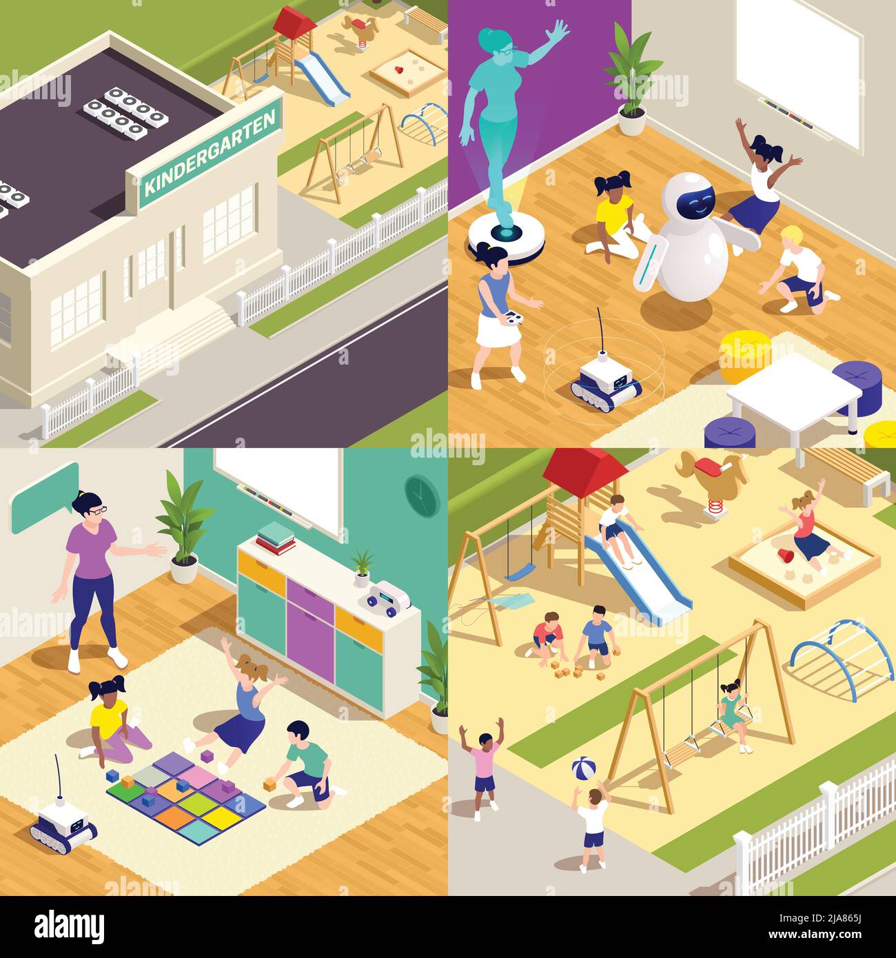 Kindergarten colored isometric icon set facade of the building outside ...