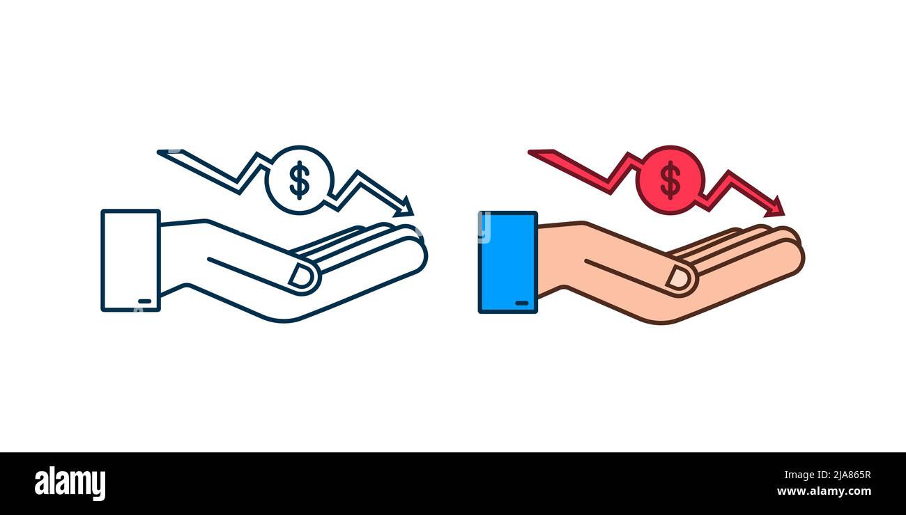 Money loss sign in hands. Cash with down arrow stocks graph, concept of ...