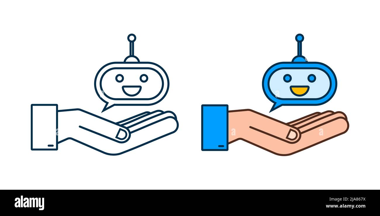 Cute smiling robot in hands.Vector modern flat cartoon character ...