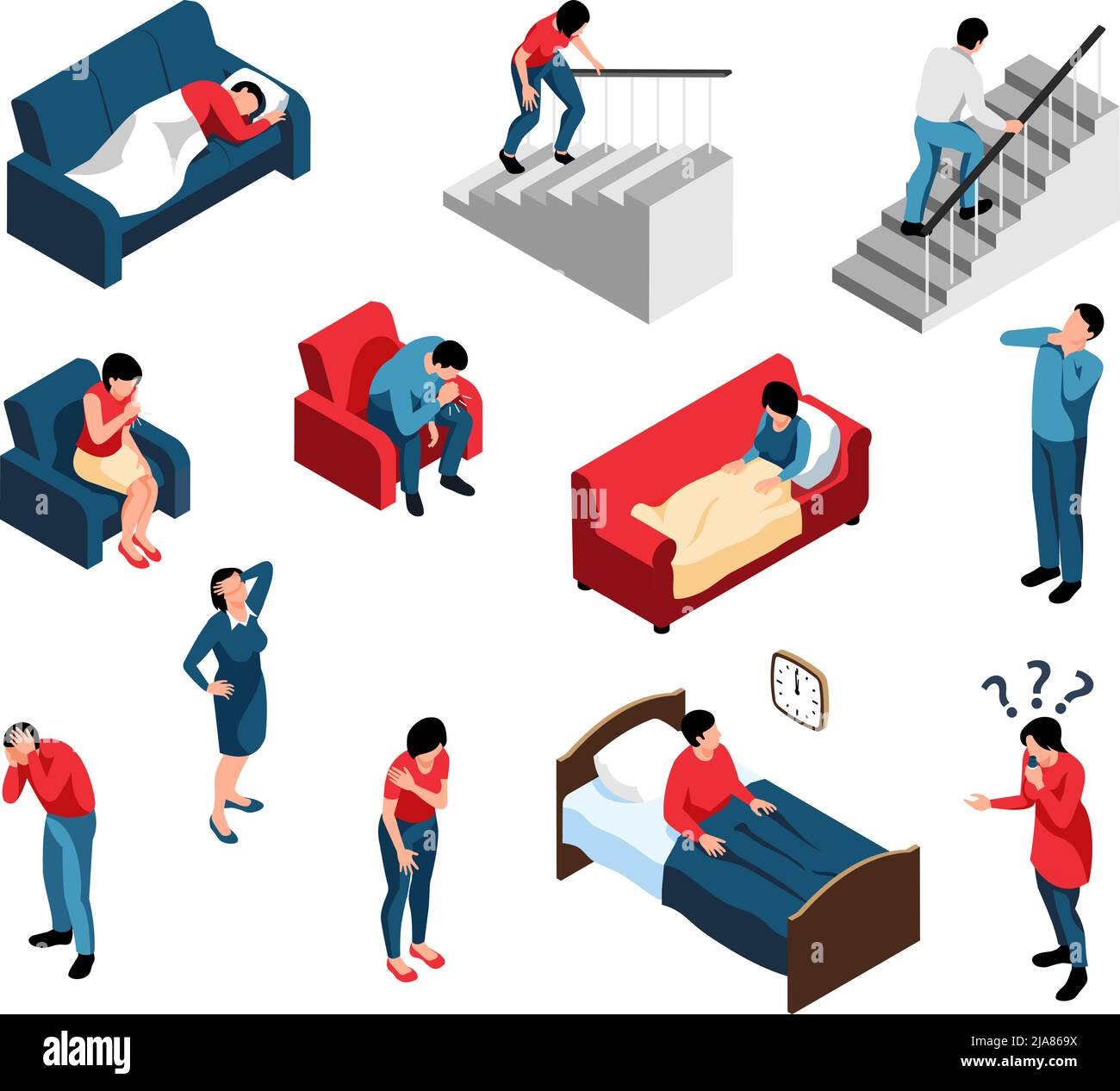 Isometric post covid syndrome set with isolated human characters ...