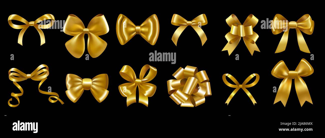 Different shape gold bows tied with silky ribbon for decorating luxury ...