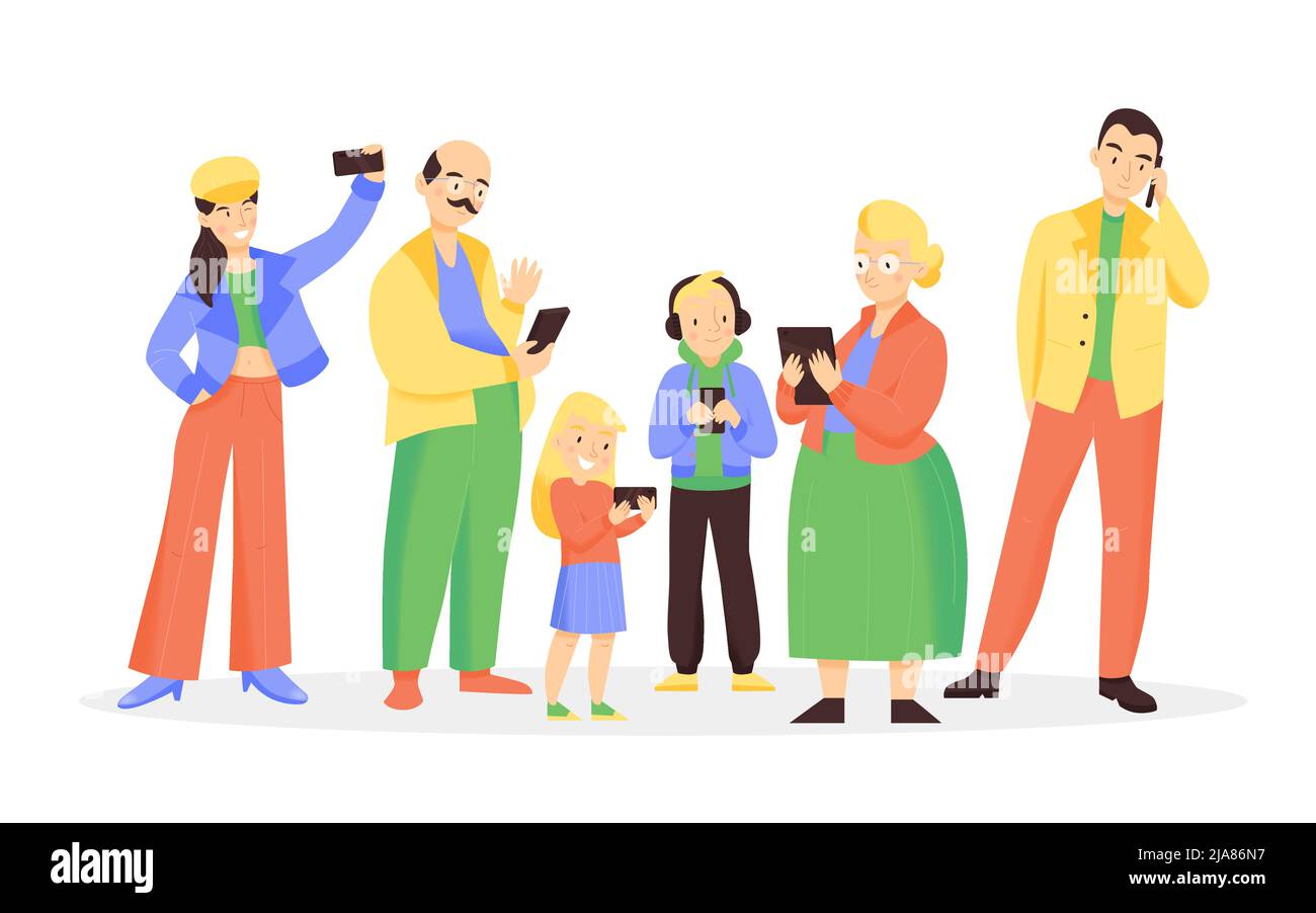 Family members with smartphones and pad calling by telephone and making ...