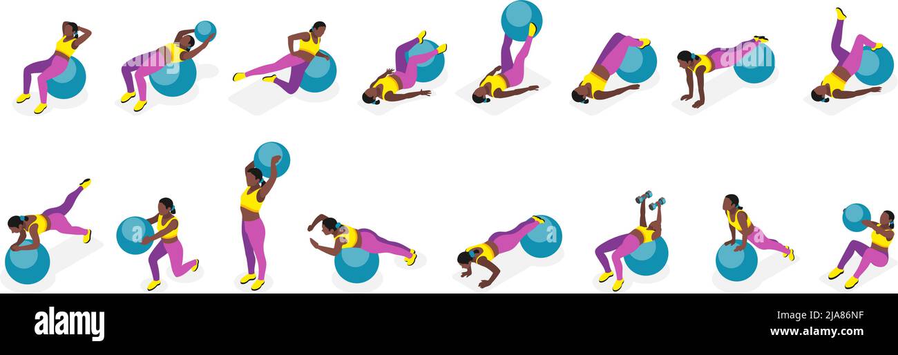 Fitness ball workout isometric recolor set of isolated icons with black ...