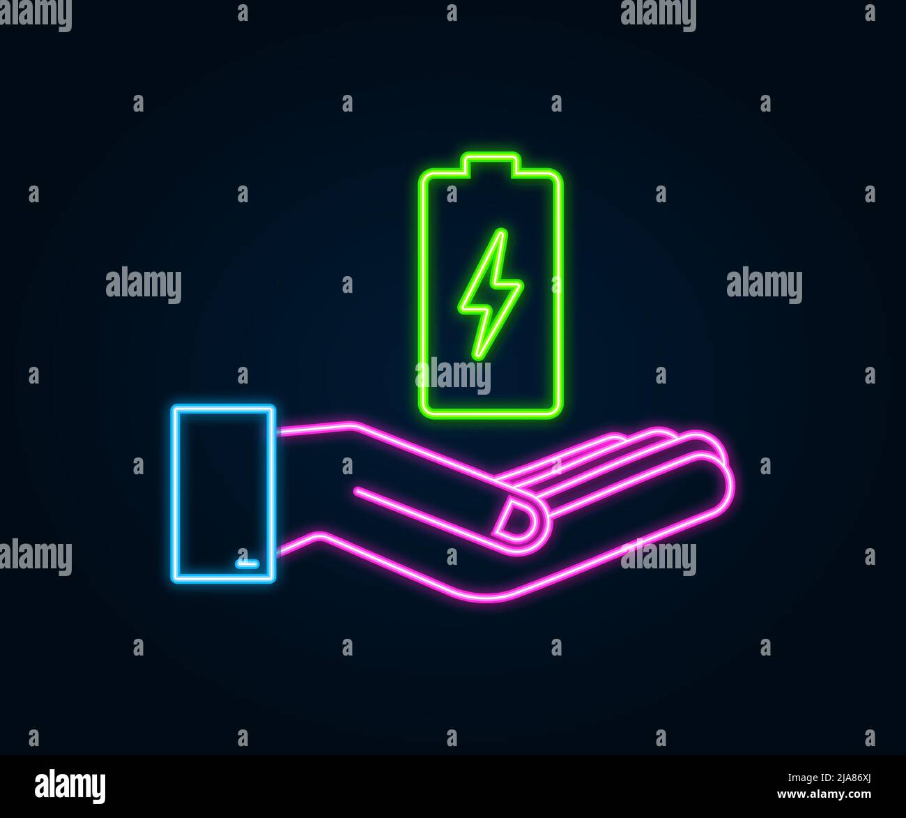 Charging neon battery with hands. Set of battery charge level ...