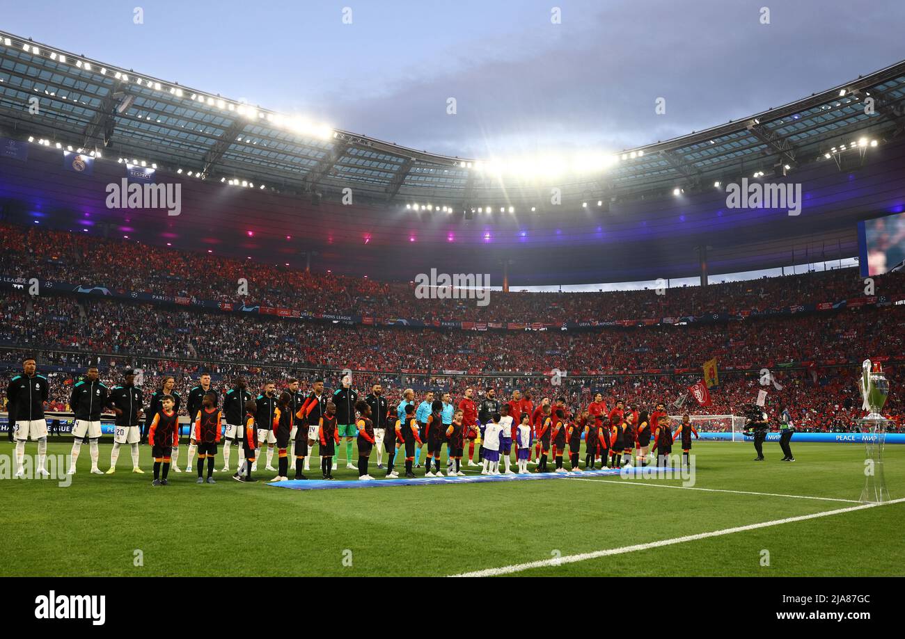 Paris, France, 28th May 2022. Liverpool and Real Madrid players line up ...