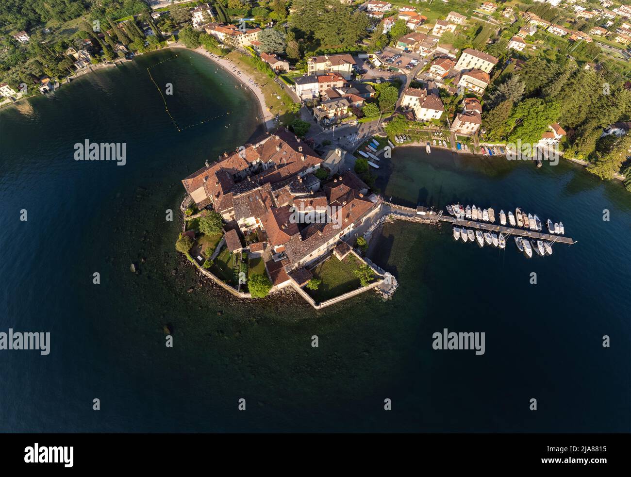 AERIAL VIEW. Scenic picture, postcard view from the lake of a little ...
