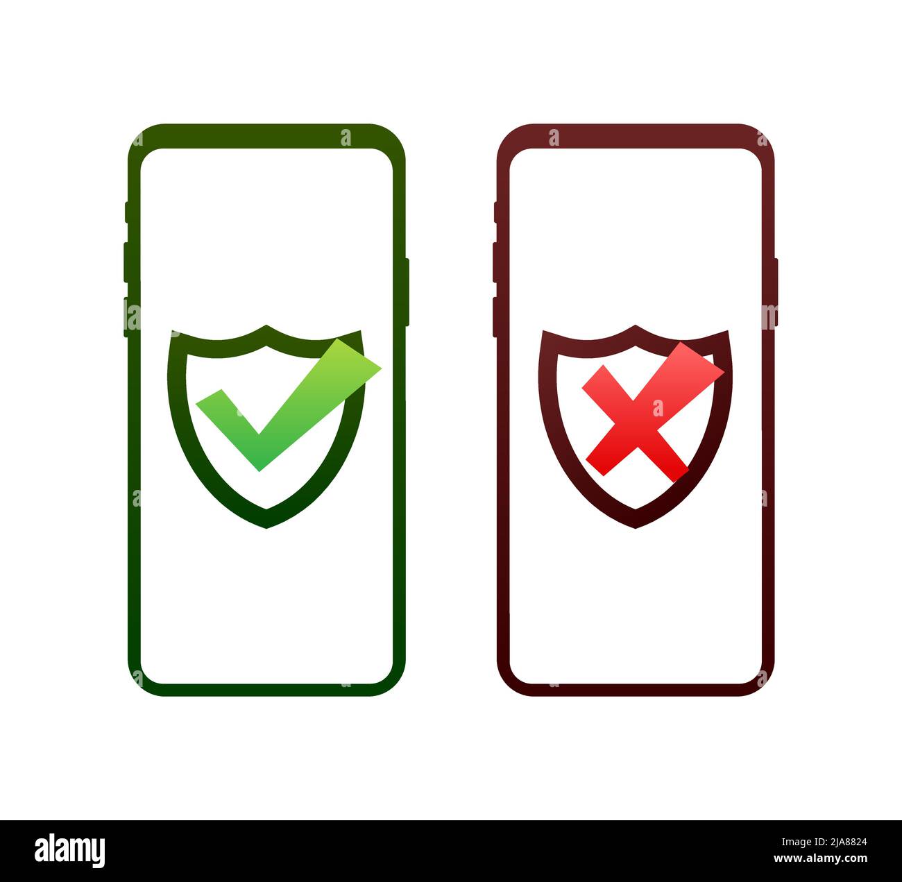 Smartphones with checkmarks set. Tick and cross check marks. Vector ...