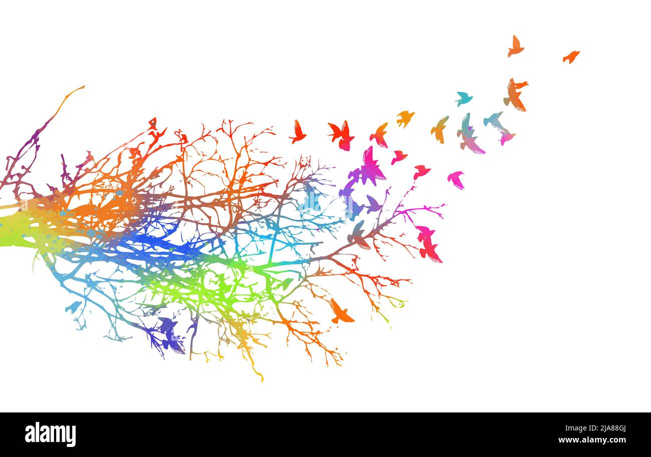 Multicolored silhouette of trees with flying birds . Vector ...