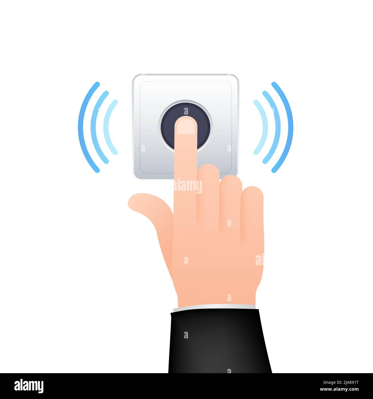 Hand push the bell button at the front door. Flat button. Flat vector ...