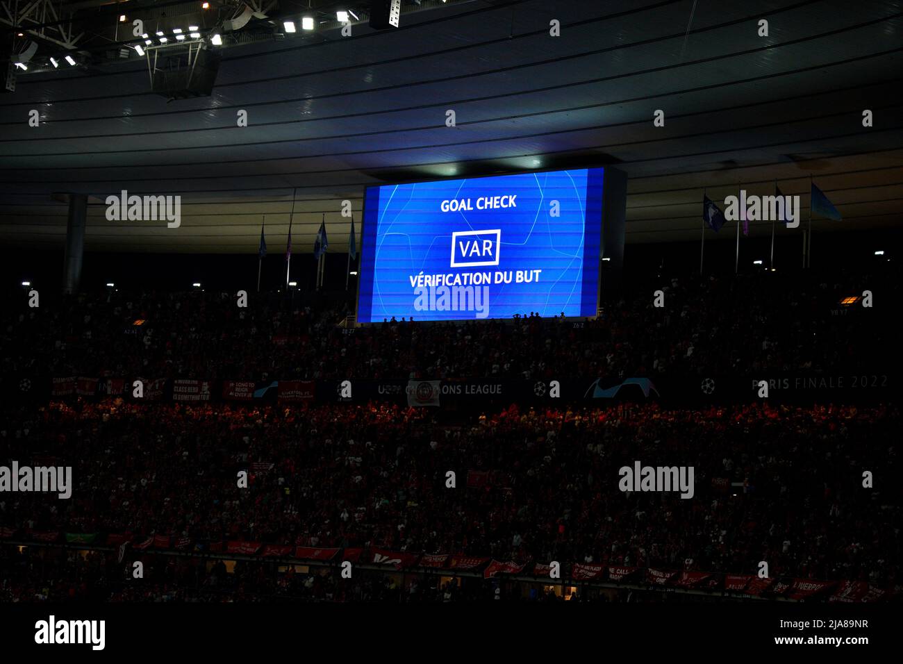 The giant screen displays a VAR Check during the UEFA Champions League ...