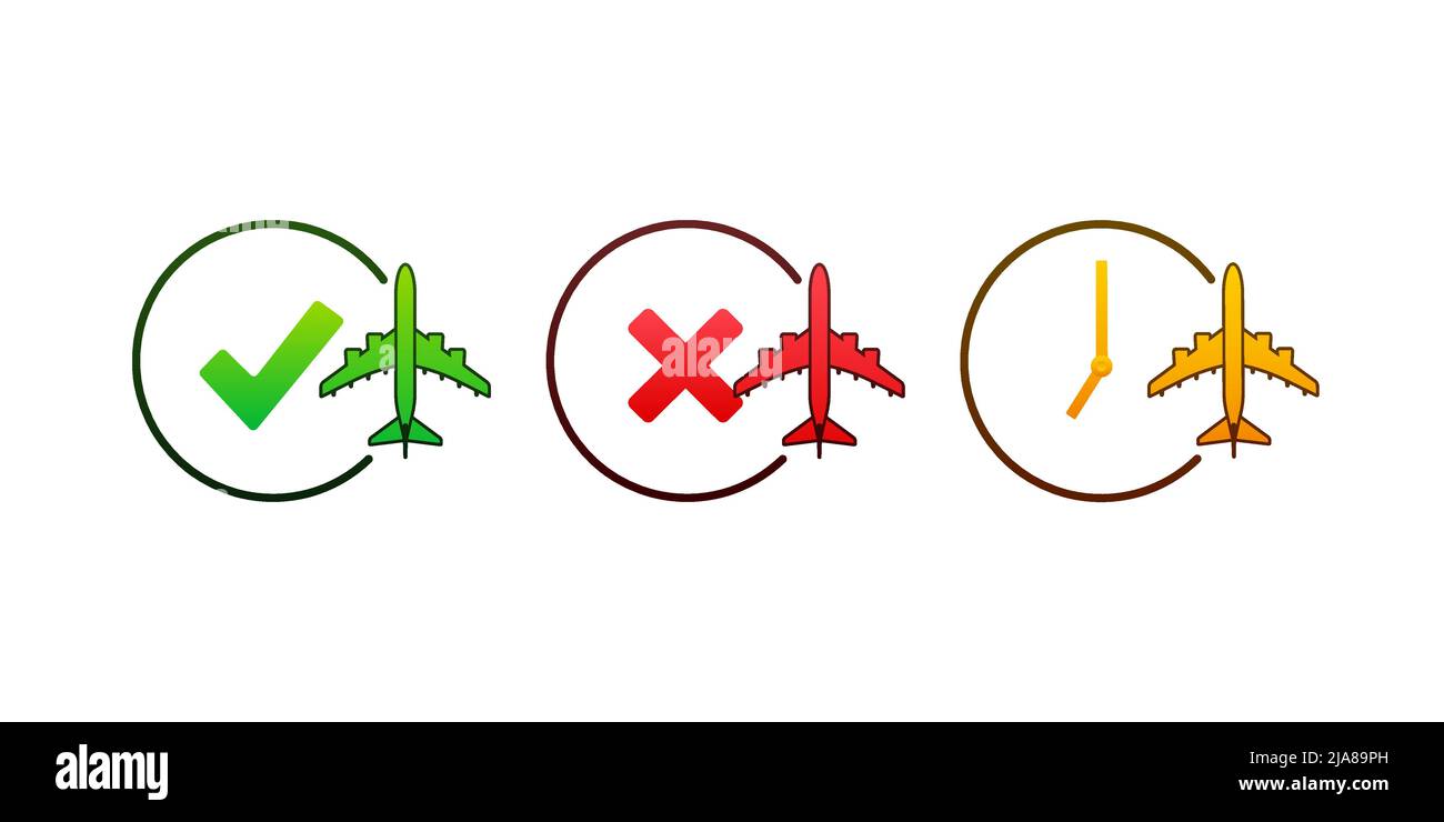 Flight information check mark. Qr code scan icon. Exclamation mark ...