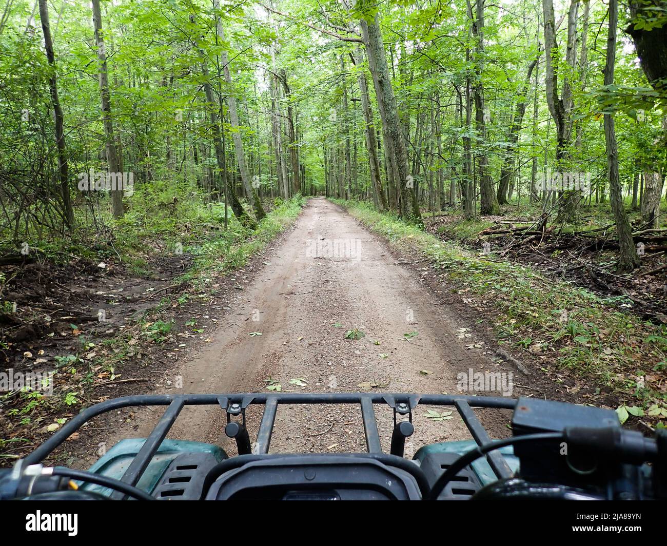 The front of a 4-wheeler from the POV of the rider looking down a well ...