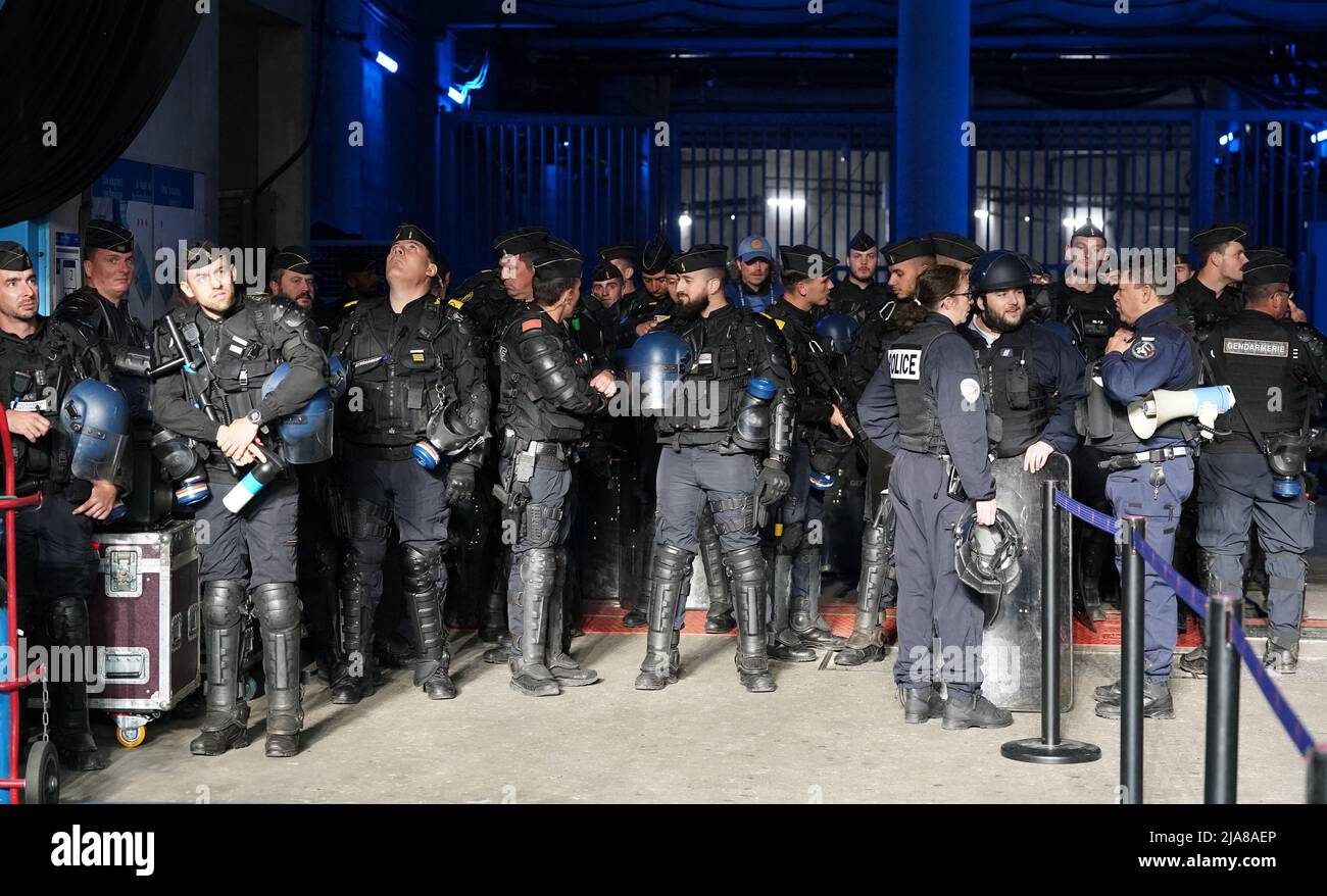 Police wait in one of the tunnels at the stadium during the UEFA ...