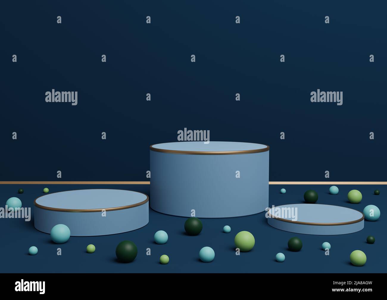 Dark, aqua blue 3D rendering of three podium stands product display ...