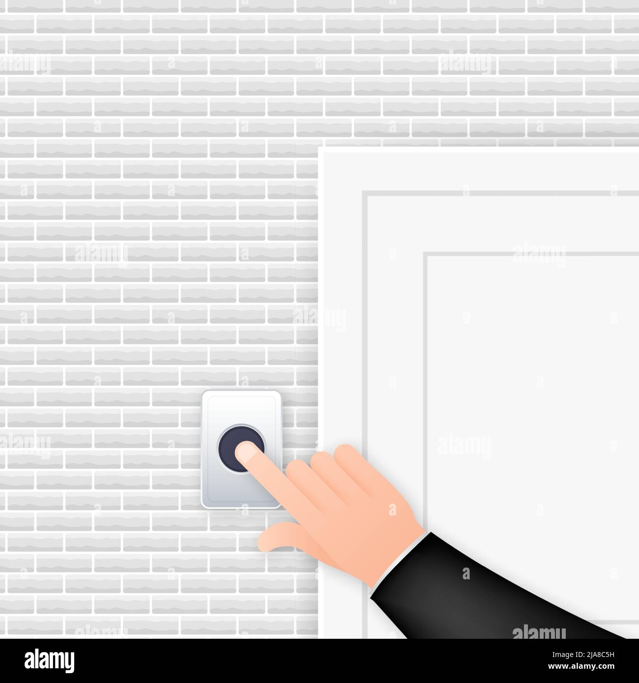 Hand push the bell button at the front door. Flat button. Flat vector ...