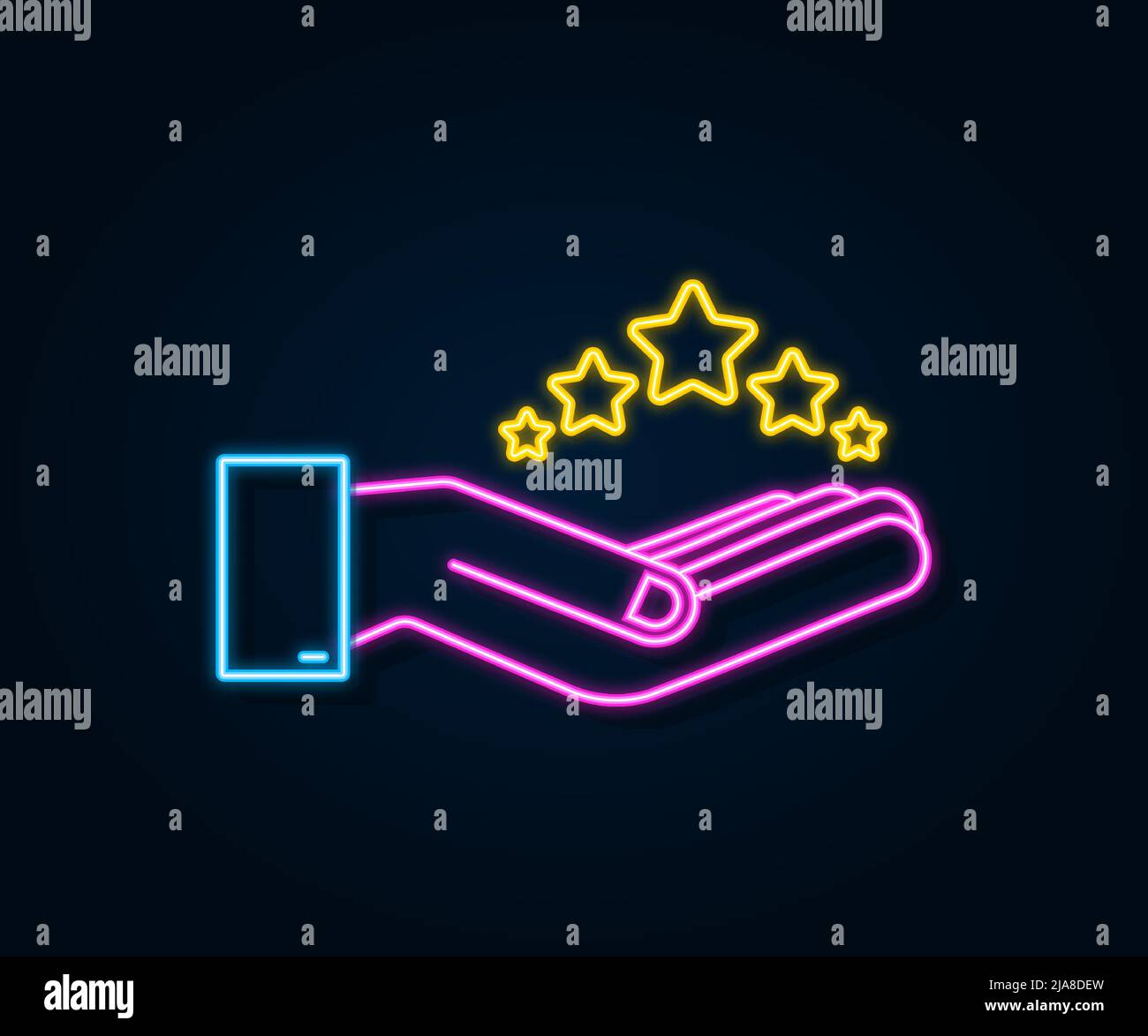 Neon five golden rating star in hands on dark background. Vector stock ...