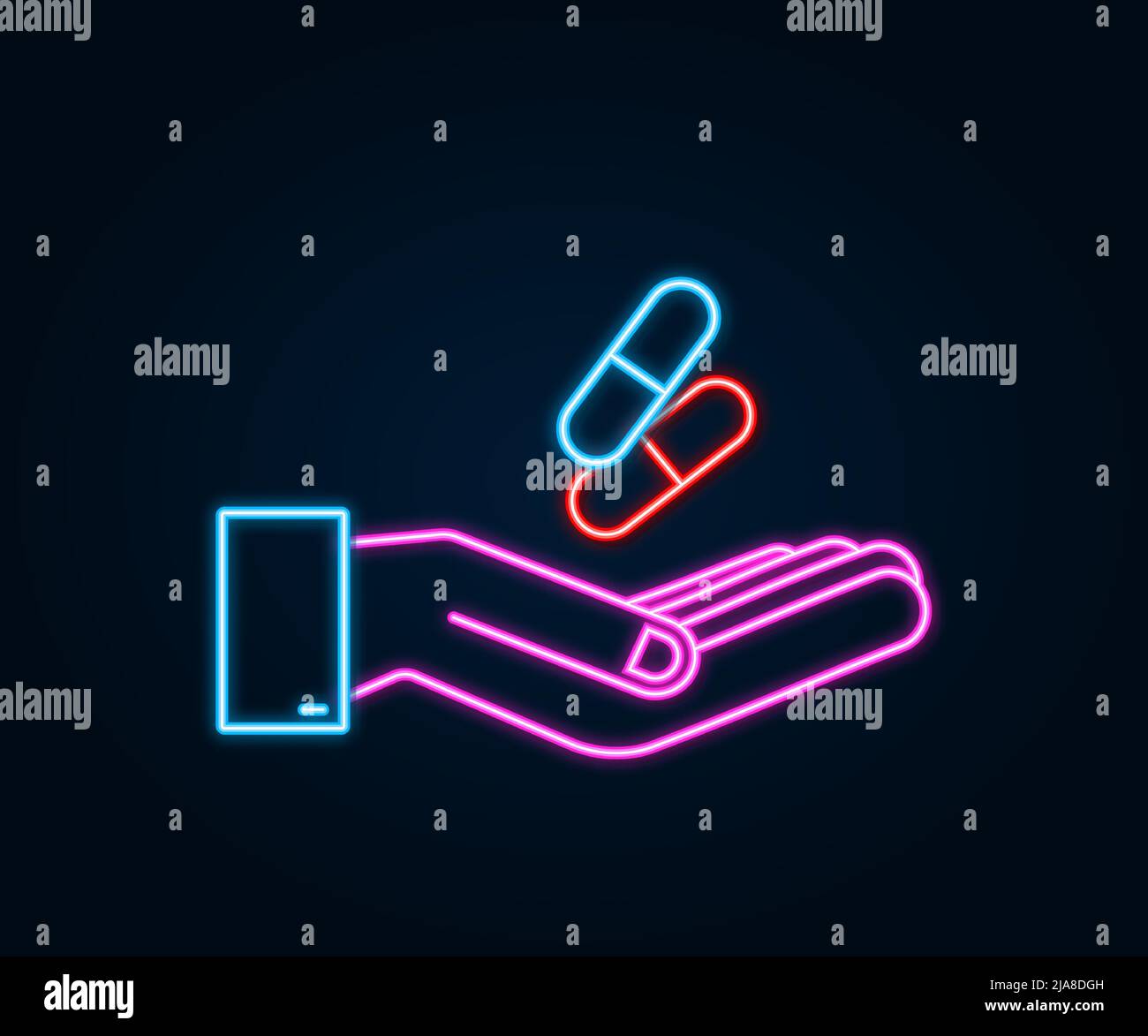 Neon capsule pills in hands. Realistic pills blister with capsules on ...