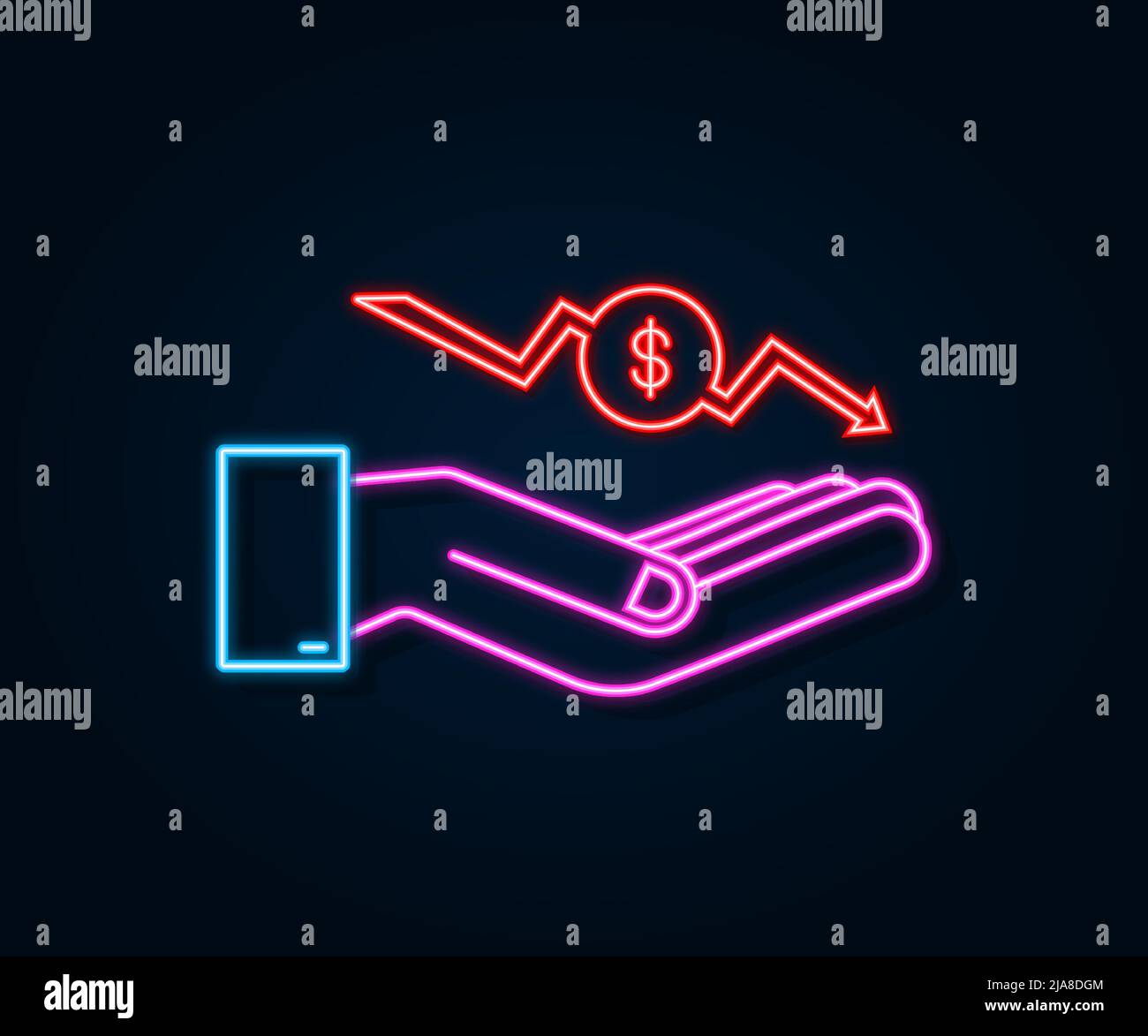 Money loss neon sign in hands. Cash with down arrow stocks graph ...