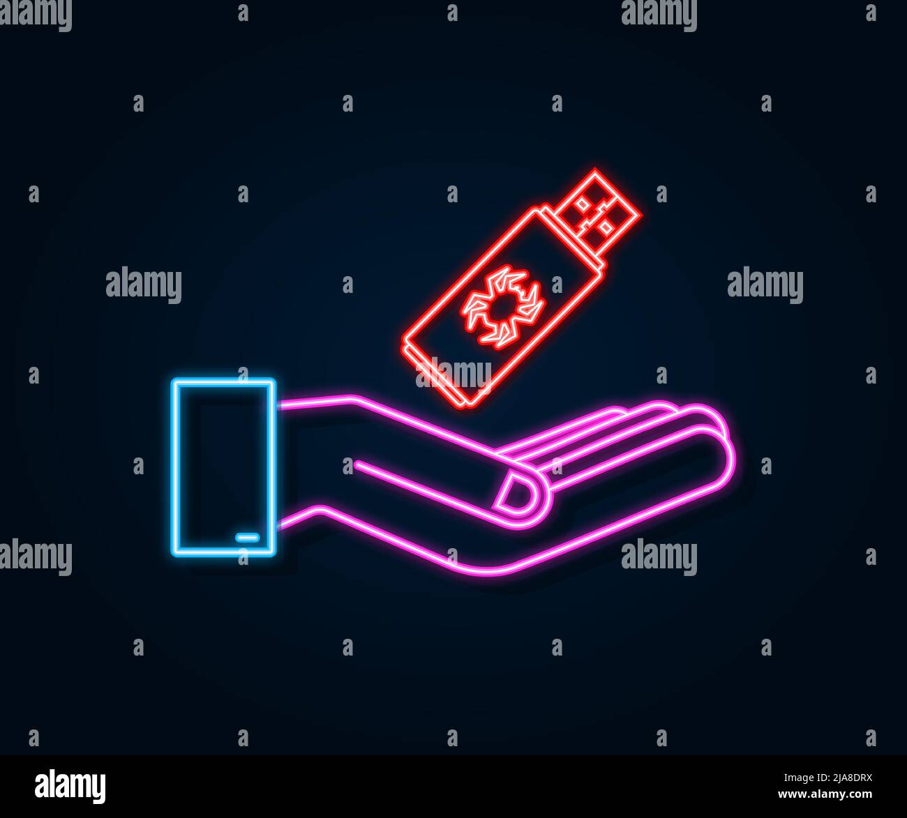 Computer virus on usb flash card in hands. Neon icon. Virus protection ...