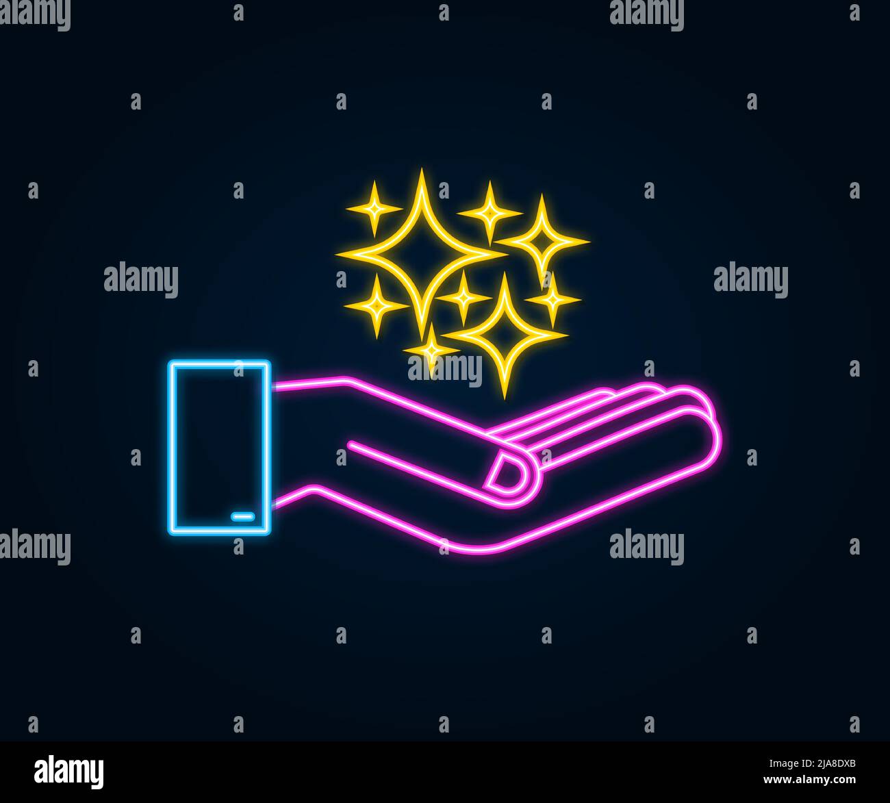 Yellow neon sparkles symbols in hands. The set of original vector stars sparkle icon. Bright ...