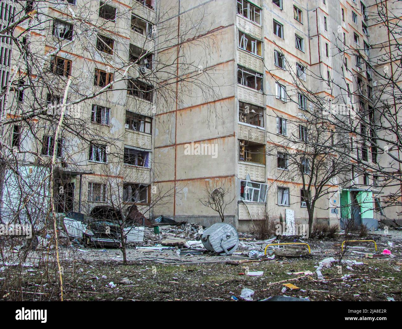 Kharkiv, Ukraine - 05.28.2022: outdoors burnt damaged residential house ...