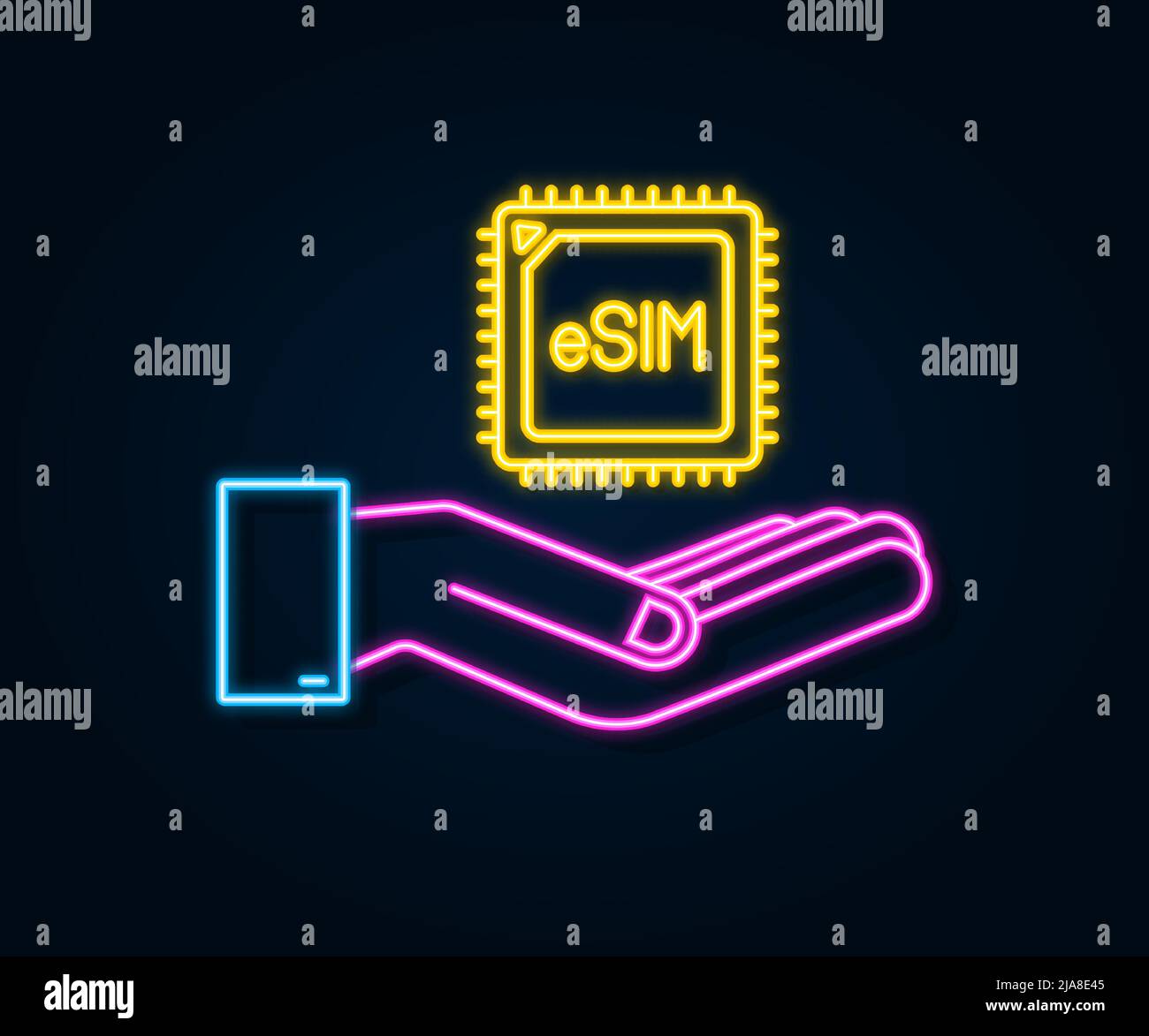 eSIM Embedded SIM neon card with hands icon symbol concept. new chip ...