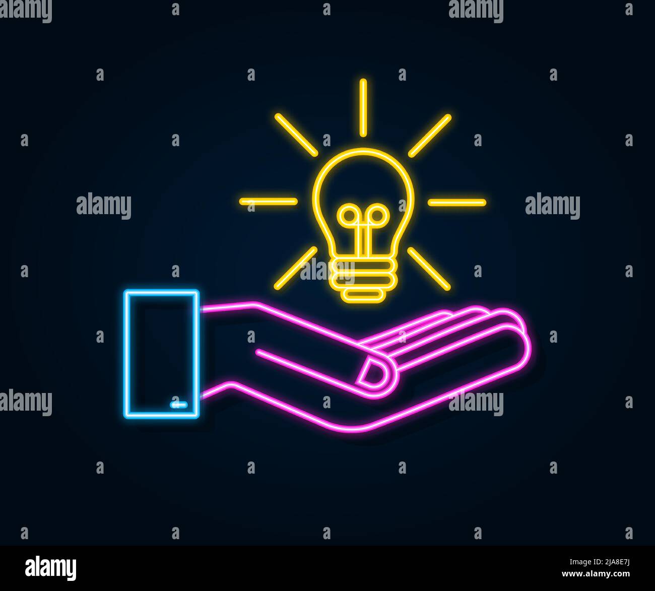 Light bulb neon icon with hands. lamp, incandescent bulb. Vector stock ...