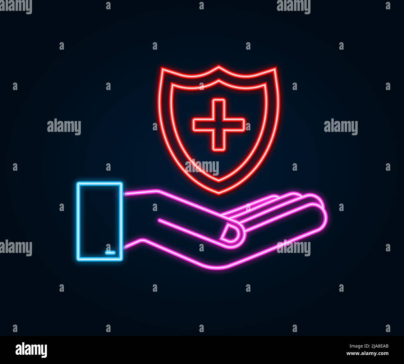 Health insurance. Hands holding insurance neon sign. Medical protection ...