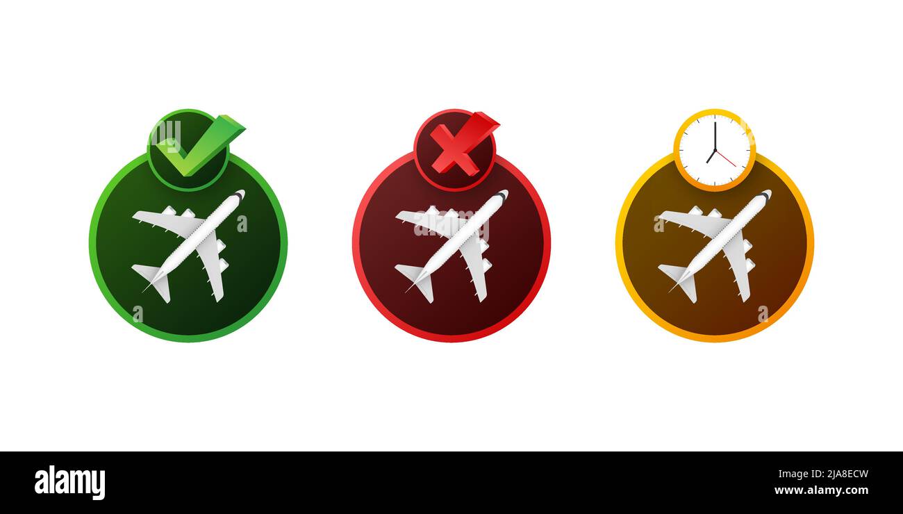 Flight information check mark. Qr code scan icon. Exclamation mark ...