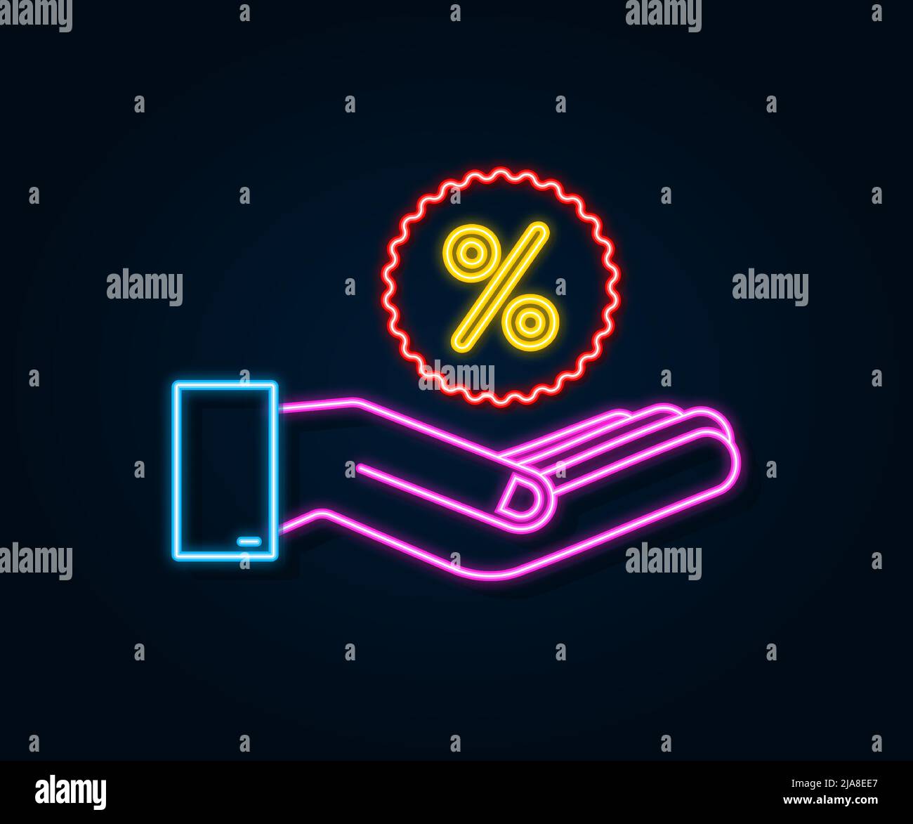 Percent neon icon in hands in 3D style. Vector drawing. Percent sign ...
