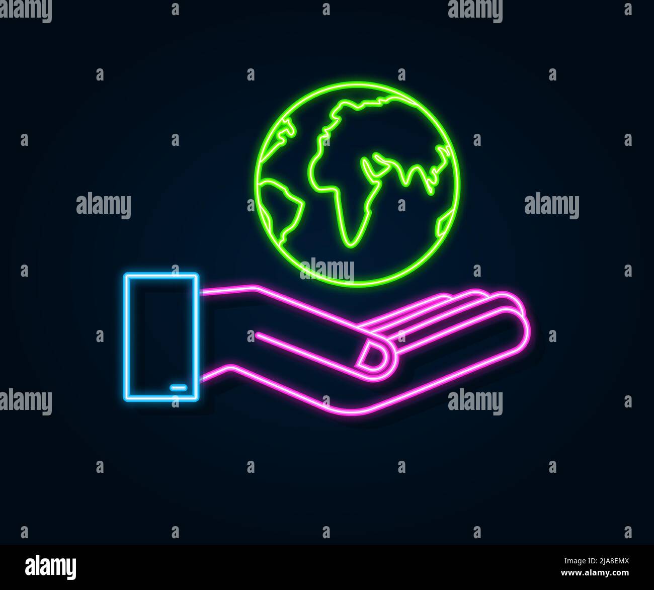 Neon abstract icon with earth in hands. Happy earth day. Planet sign ...