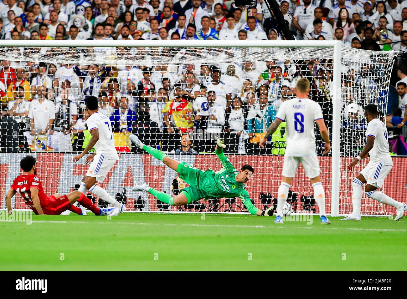 PARIS, FRANCE - MAY 28: Mohamed Salah of Liverpool (L) attempts a kick ...