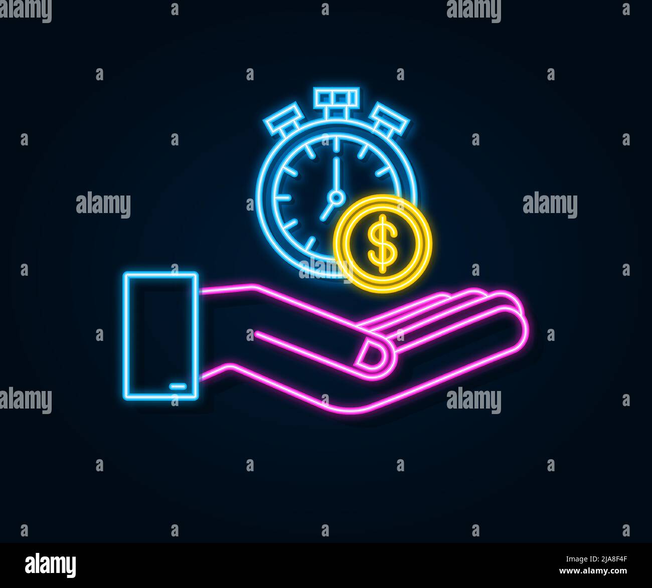 Time is money neon concept, clock and coin in hands, long term ...