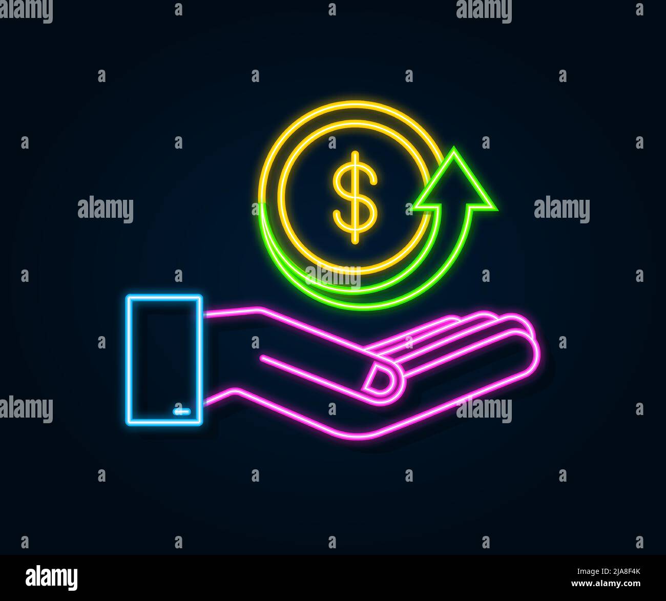 Cash back coin neon icon with hand isolated on white background. Cash back or money refund label ...