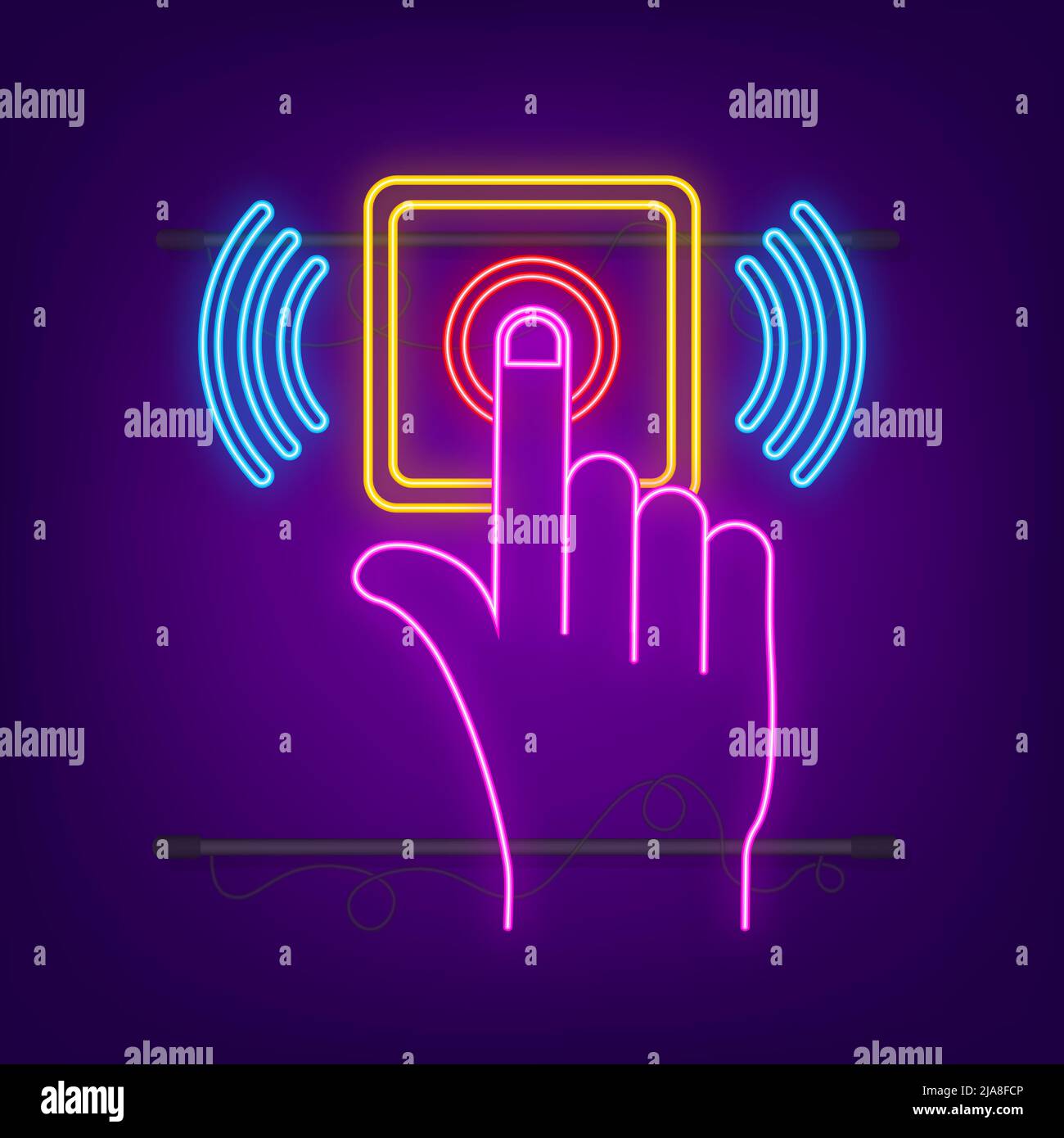 Hand push the bell neon button at the front door. Flat button. Flat ...