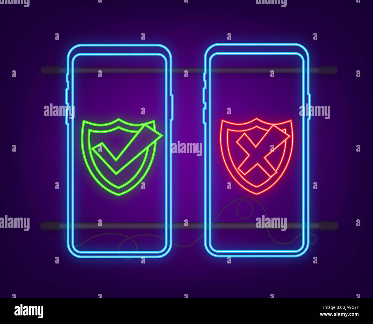 Smartphones with checkmarks neon set. Tick and cross check marks ...