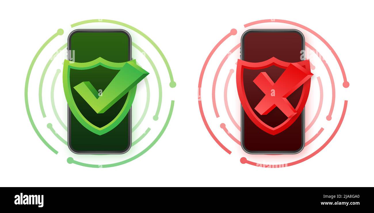 Smartphones with checkmarks set. Tick and cross check marks. Vector ...