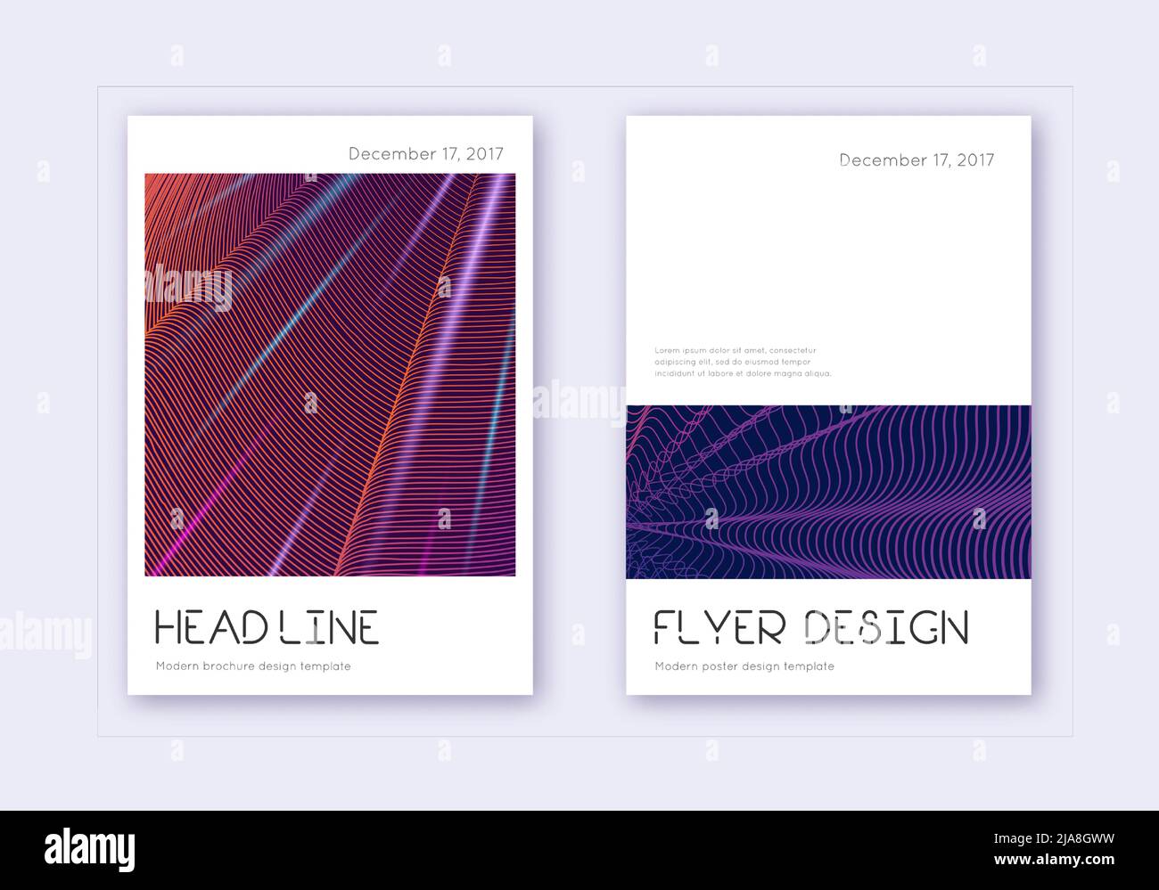 Minimal cover design template set. Violet abstract lines on dark ...