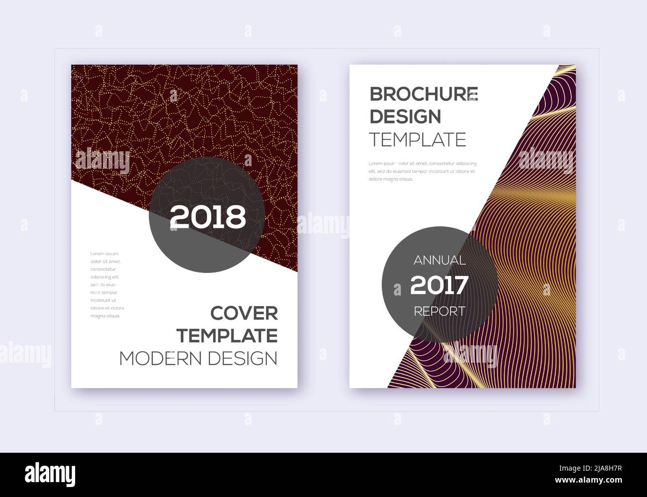 Modern cover design template set. Gold abstract lines on bordo ...