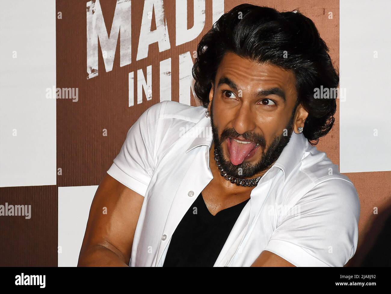 Bollywood actor Ranveer Singh reacts during the launch of 'Made in India' chinese noodles (Ching ...