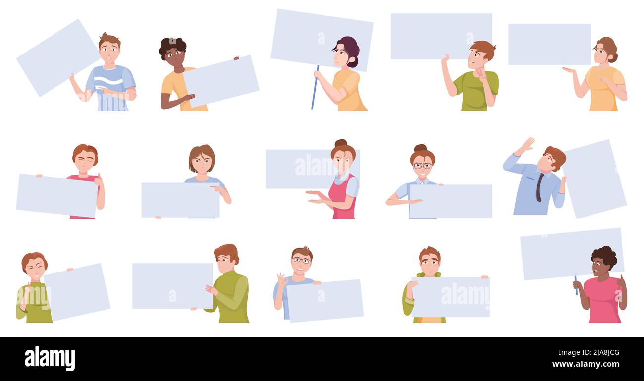 Flat set of people portraits men and women with blank banners and ...